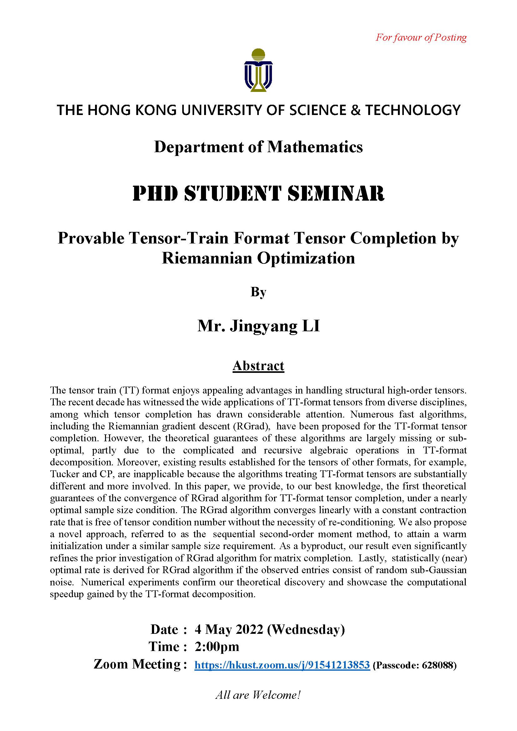 Department of Mathematics - PhD Student Seminar - Provable Tensor-Train ...