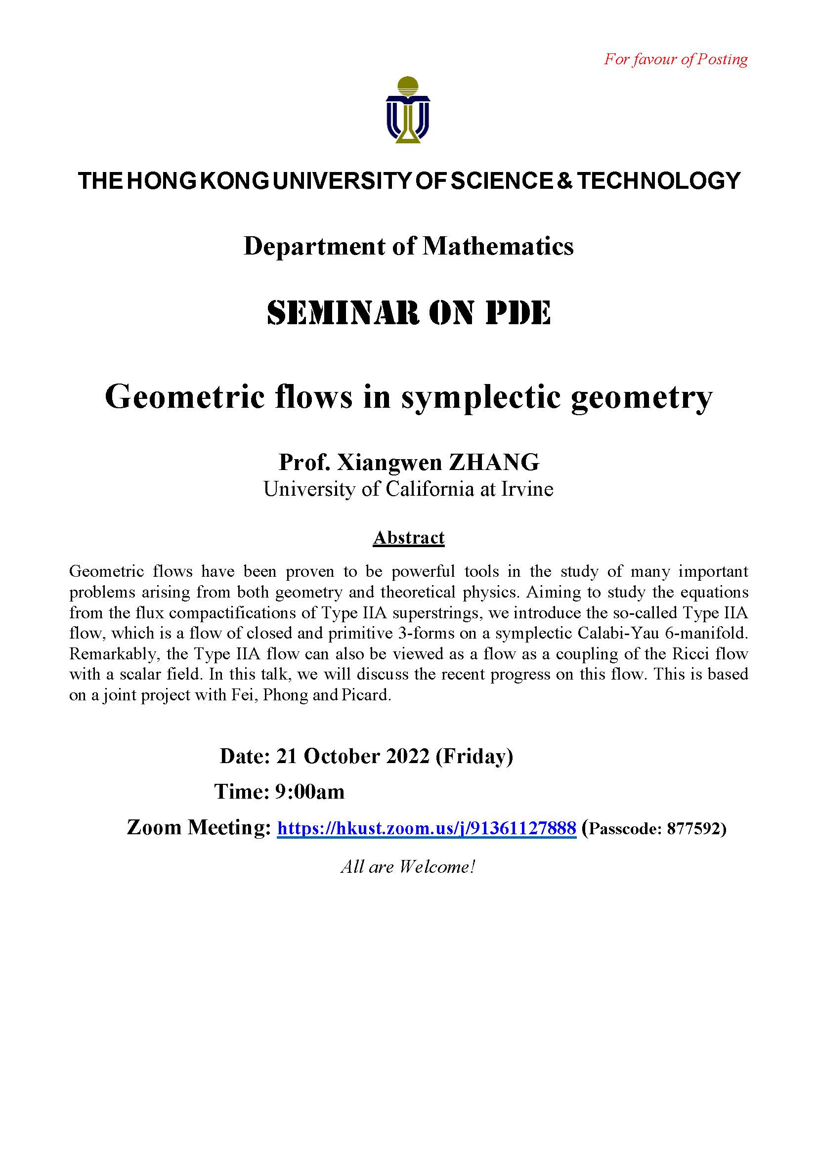 Department of Mathematics - Seminar on PDE - Geometric flows in ... Department of Mathematics - Seminar on PDE - Geometric flows in ...