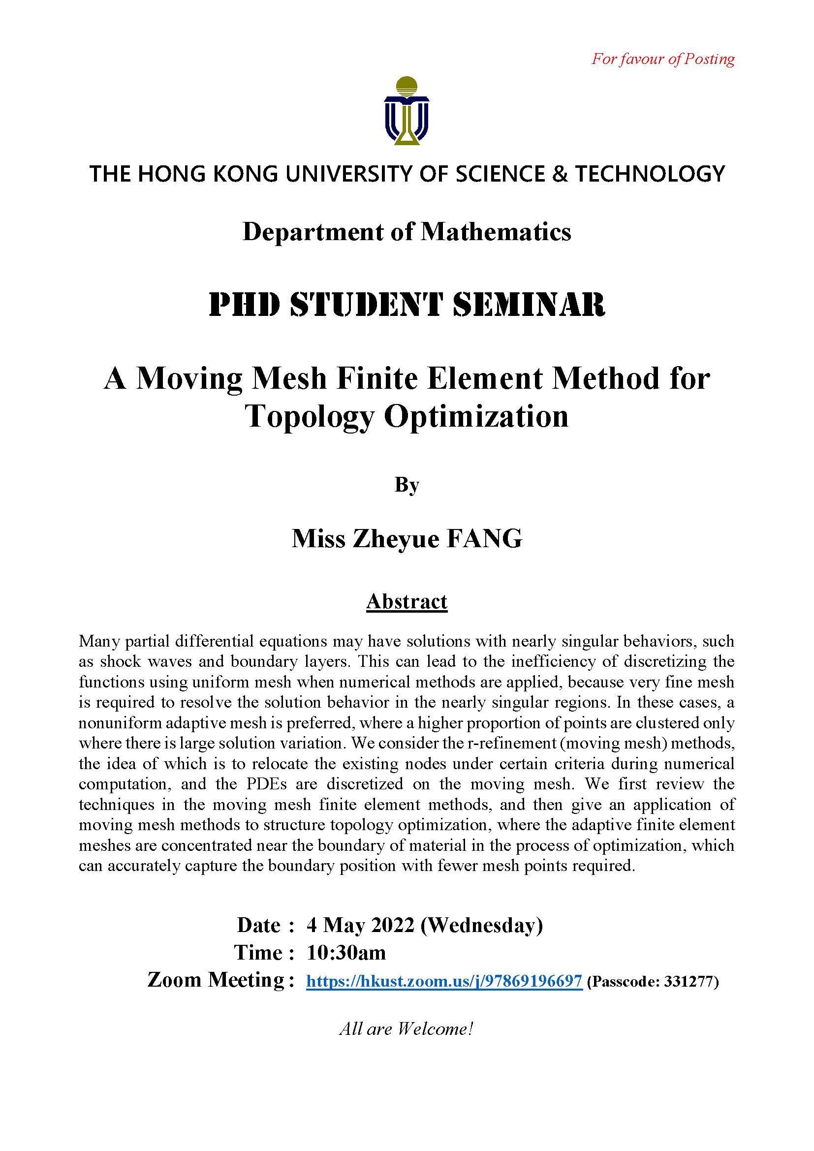 Department of Mathematics - PhD Student Seminar - A Moving Mesh Finite Element Method for ...