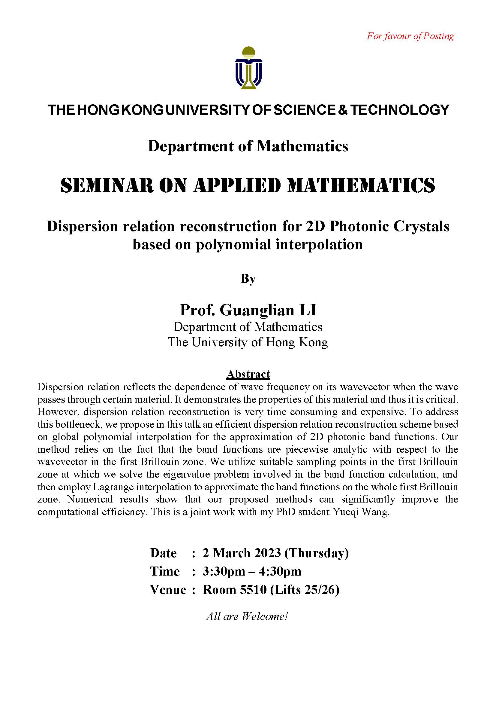 Department of Mathematics - Seminar on Applied Mathematics - Dispersion ...