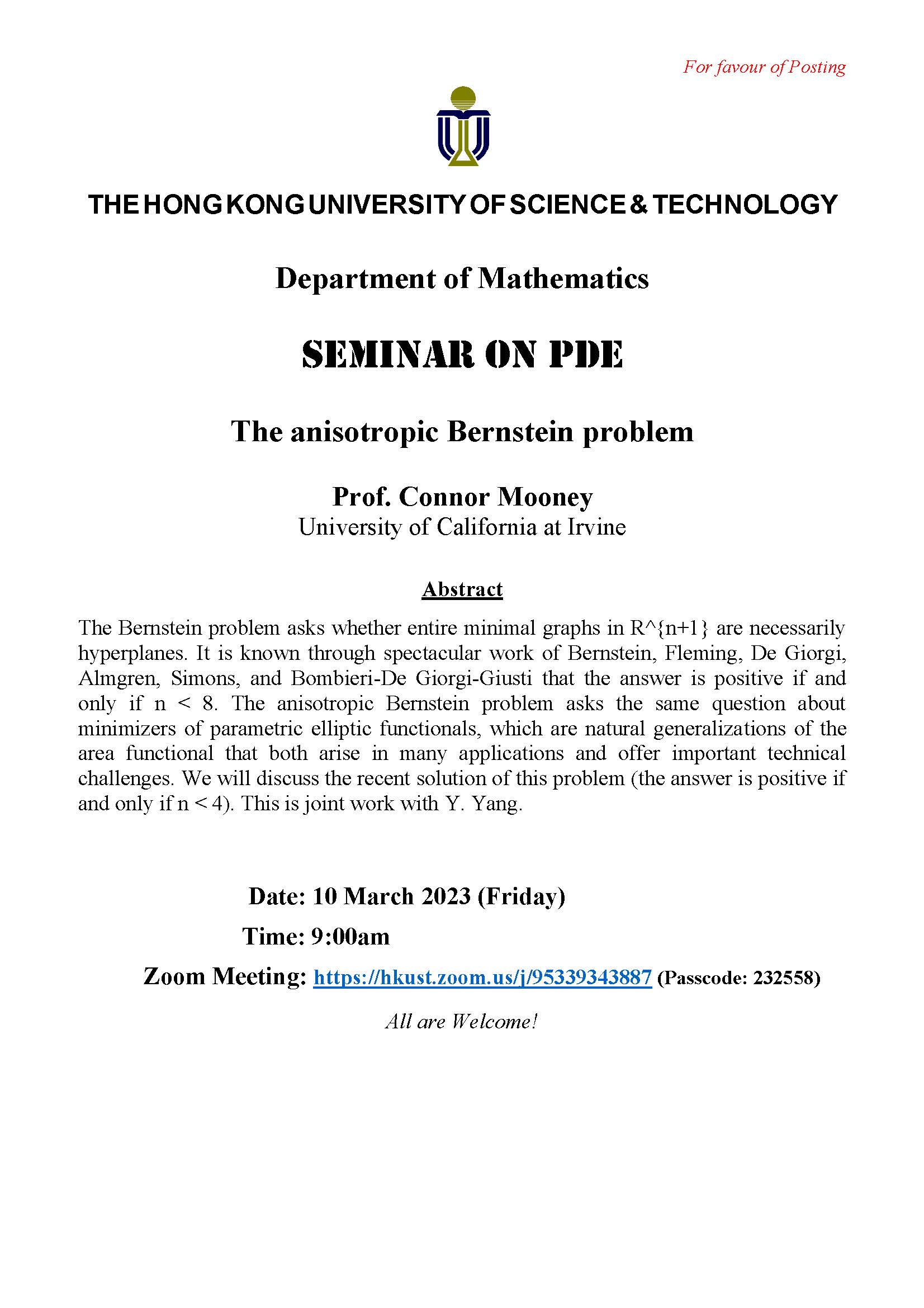 Department of Mathematics - Seminar on PDE - The anisotropic Bernstein problem | School of ...