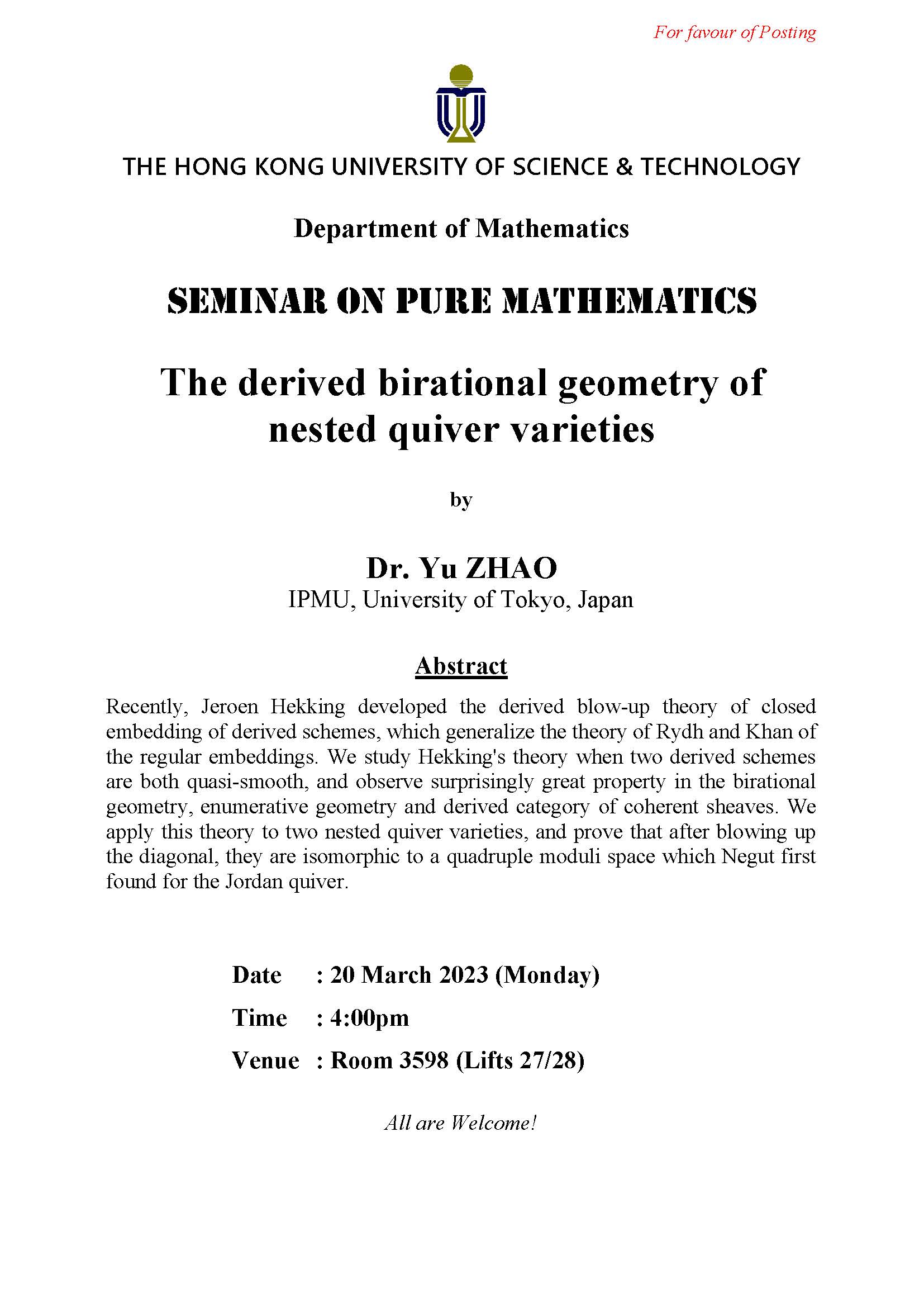 Department Of Mathematics Seminar On Pure Mathematics The Derived Birational Geometry Of
