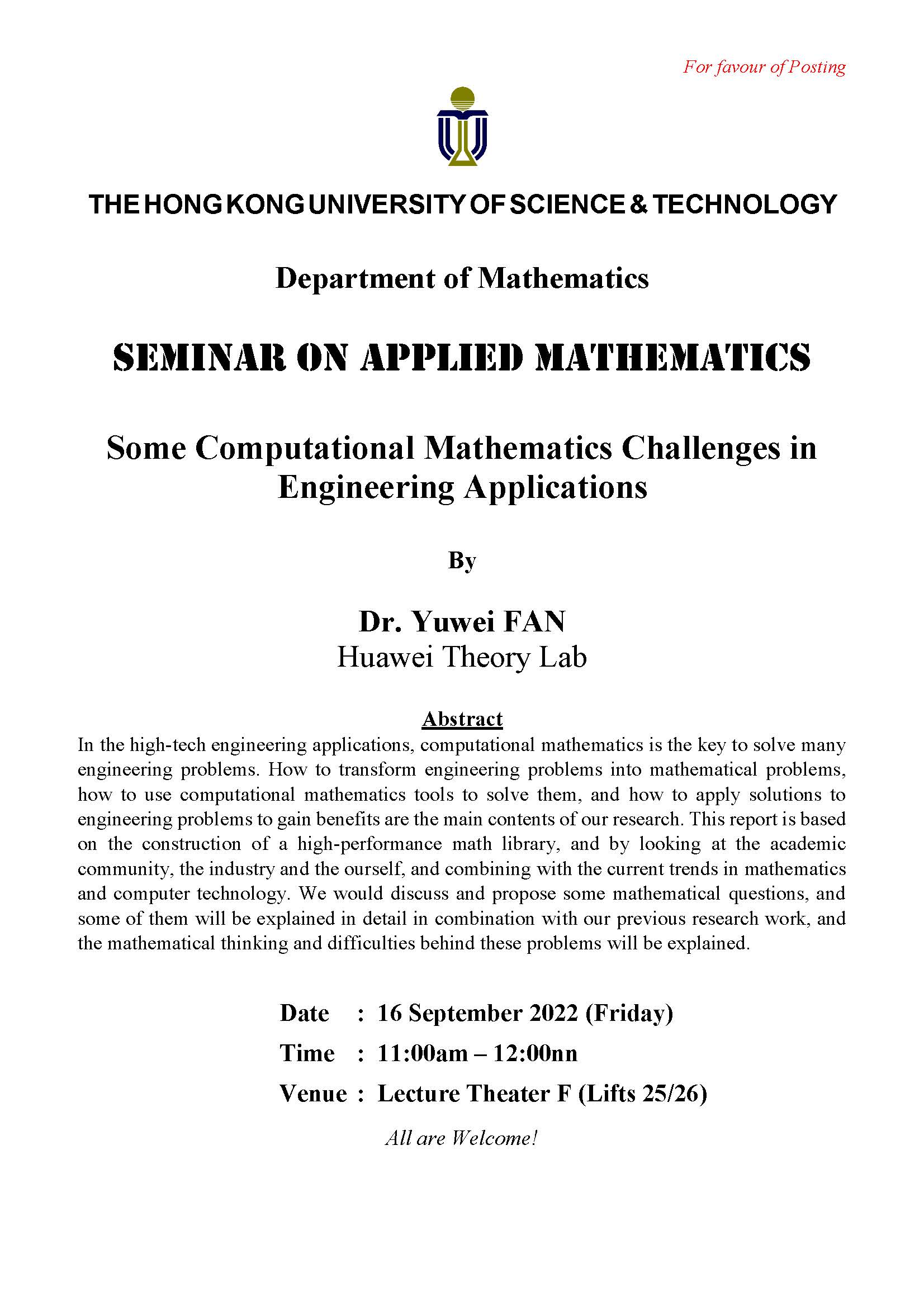 Department of Mathematics - Seminar on Applied Mathematics - Some Computational Mathematics ...