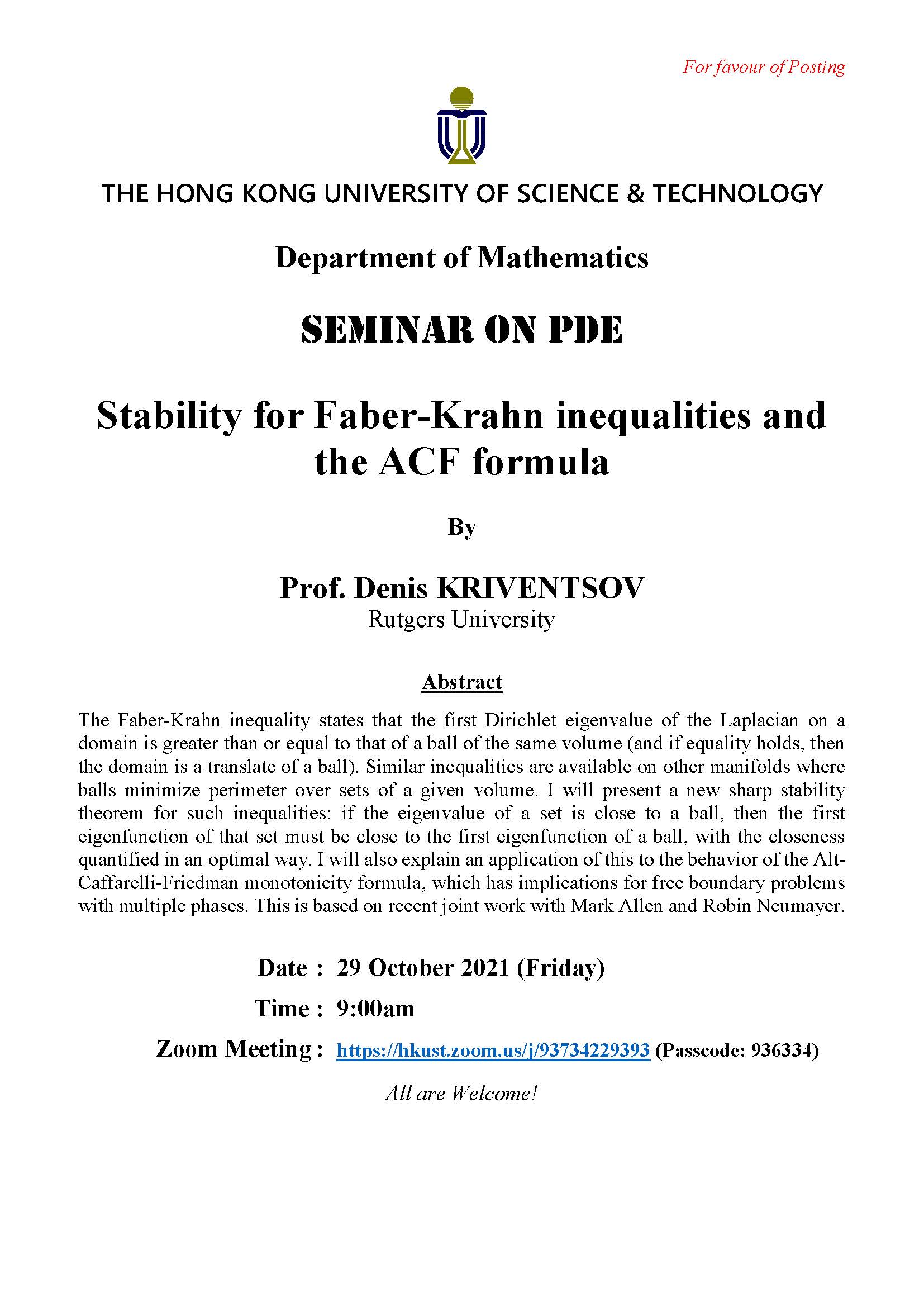 Department of Mathematics - Seminar on PDE - Stability for Faber-Krahn ...