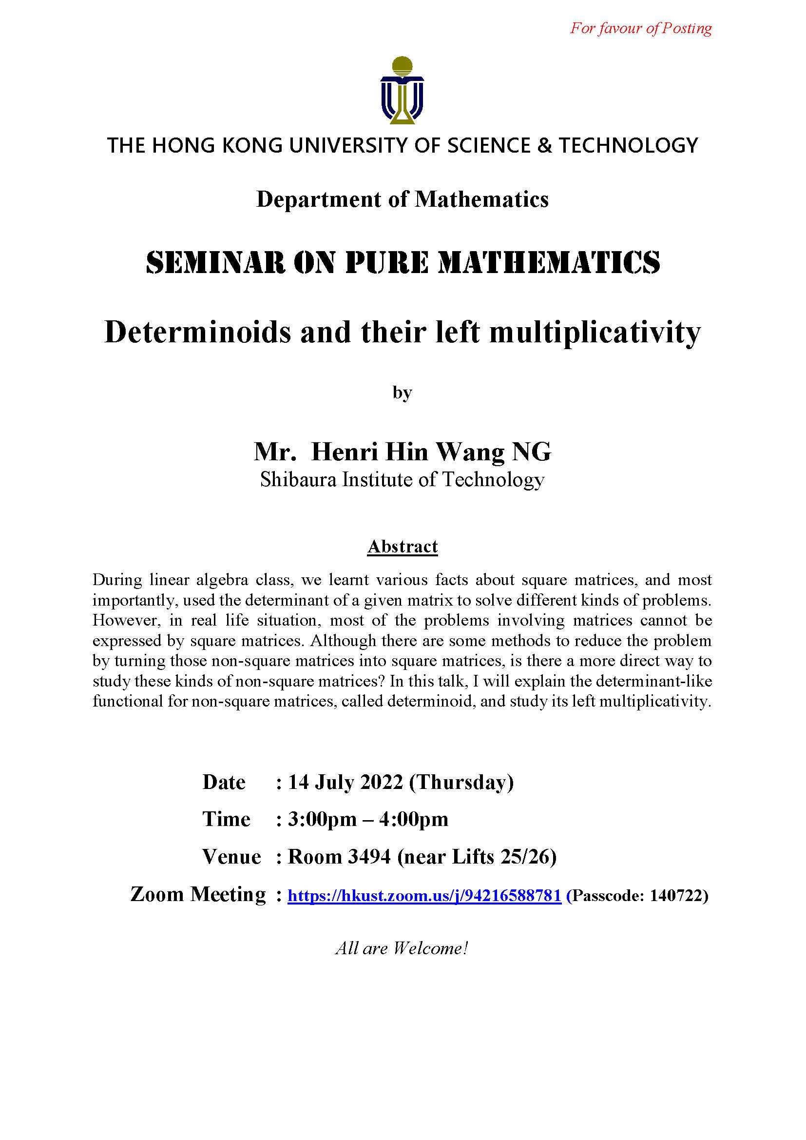 Department of Mathematics - Seminar on Pure Mathematics - Determinoids ...