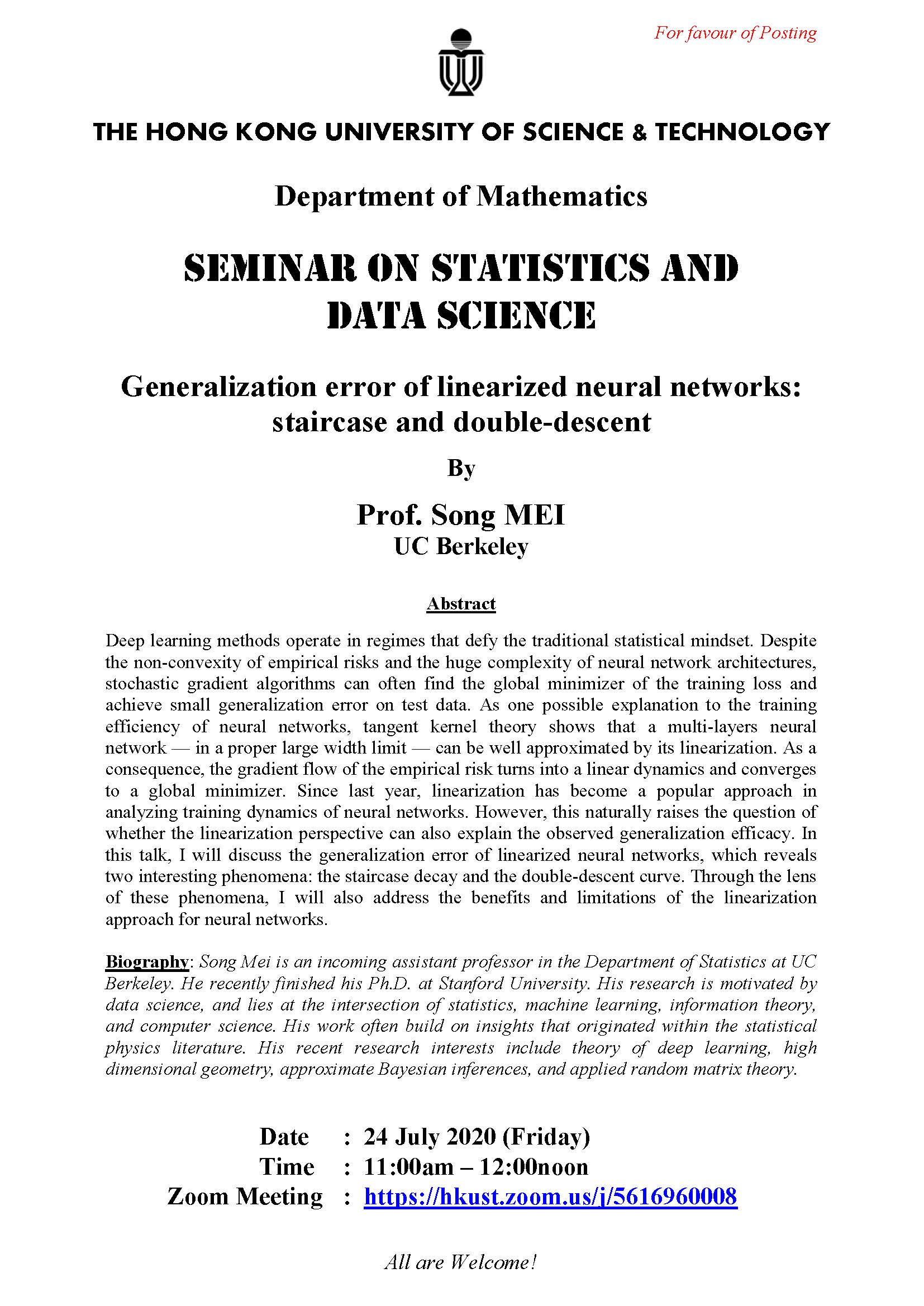 Math Seminar On Statistics And Data Science Generalization Error Of Linearized Neural